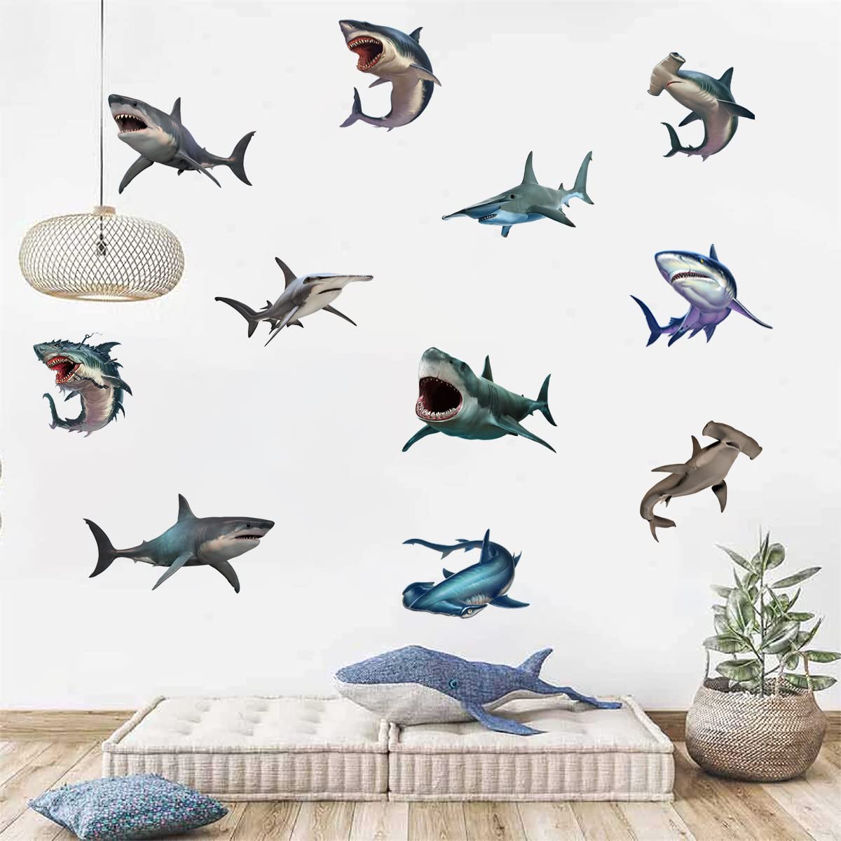 MEFOSS 11 PCS 3D Large Shark Wall Decal Stickers, Ocean Animal Under The Sea Wall Decal Stickers, Peel and Stick Removable Sea Creature Shark Stickers for Kids Room Playroom Bathroom Baby Nursery Wall Decor