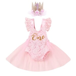 baby girl first birthday outfit lace tulle romper princess tutu dress one year old birthday cake smash photography clothes pink +crown 12-18 months