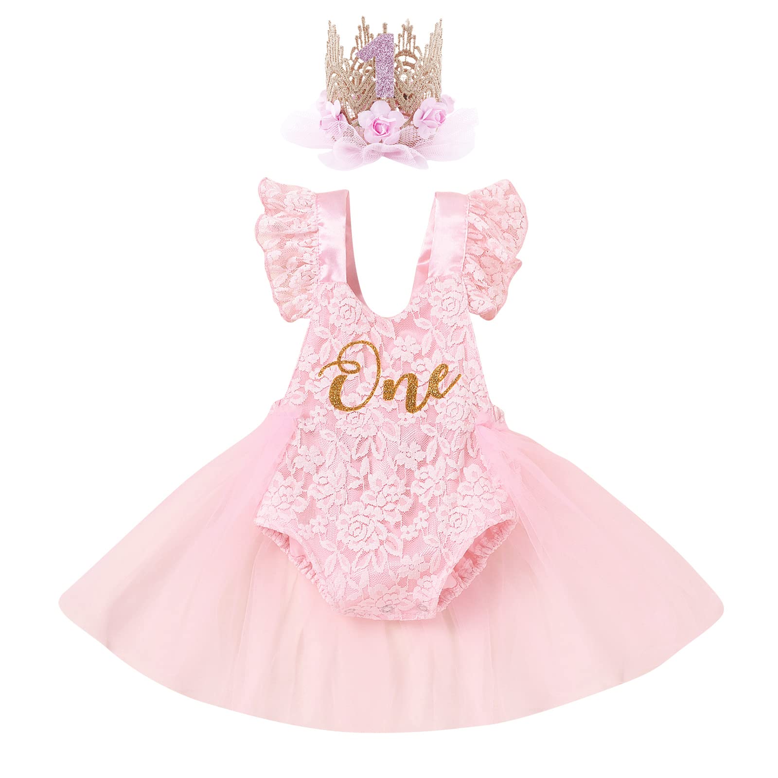 Baby Girl First Birthday Outfit Lace Tulle Romper Princess Tutu Dress One Year Old Birthday Cake Smash Photography Clothes Pink +Crown 12-18 Months