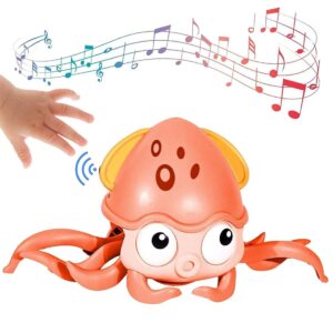 crawling octopus toy with music and led light up,electric dancing musical octopus toys with automatically avoid obstacles,usb rechargeable, fun moving toy for babies,toddlers and kids (octopus-orange)