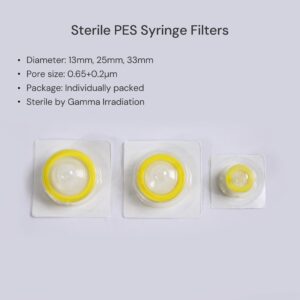 COBETTER 10 pcs/pk Sterile Syringe Filter Double-Layer PES Hydrophilic Membrane 0.2μm Lab Filters 33mm Diameter Individually Packed, Yellow