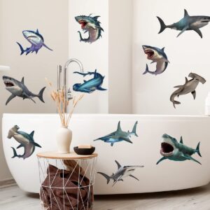 MEFOSS 11 PCS 3D Large Shark Wall Decal Stickers, Ocean Animal Under The Sea Wall Decal Stickers, Peel and Stick Removable Sea Creature Shark Stickers for Kids Room Playroom Bathroom Baby Nursery Wall Decor