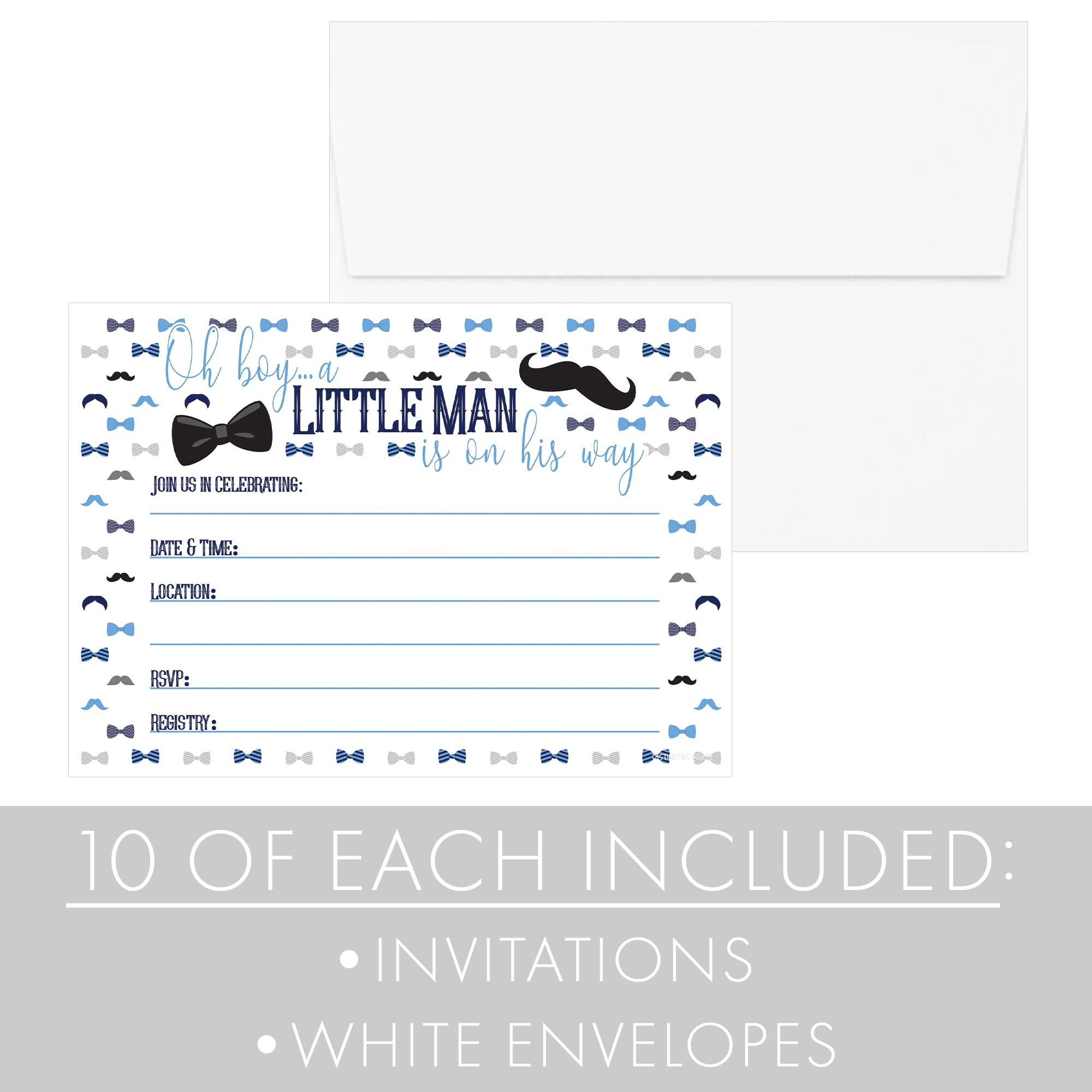 DISTINCTIVS It's a Boy Little Man Themed Baby Shower Invitations - 10 Fill In Invite Cards with White Envelopes - Bowties and Mustaches