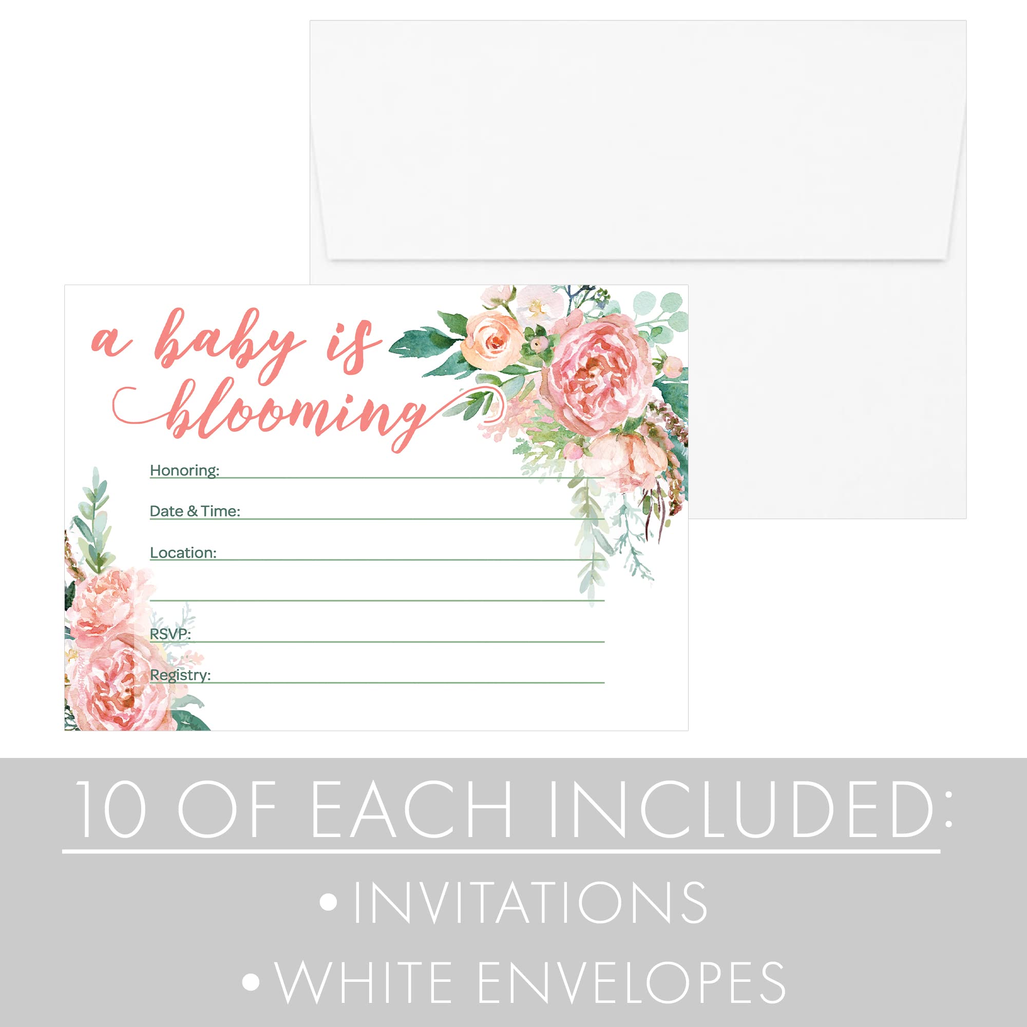 DISTINCTIVS Floral Baby Shower Party Invitations - 10 Fill In Cards with Envelopes - A Baby is Blooming - Pink Floral It's a Girl Themed Supplies