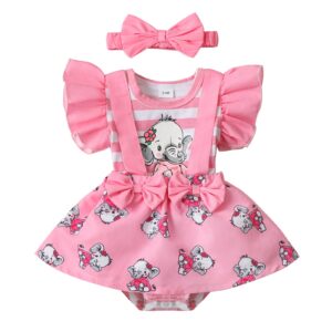 pakglejg newborn baby girl romper clothes elephant suspender dress ruffle sleeve onsesie headband cute baby clothes for girl (pink, 3-6 months)