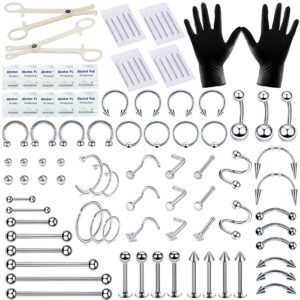 tustrion 94pcs mixed-pack piercing kits for all body piercings stainless steel 14g 16g 20g jewelry and needle with tools nose septum lip ear belly button cartilage tragus