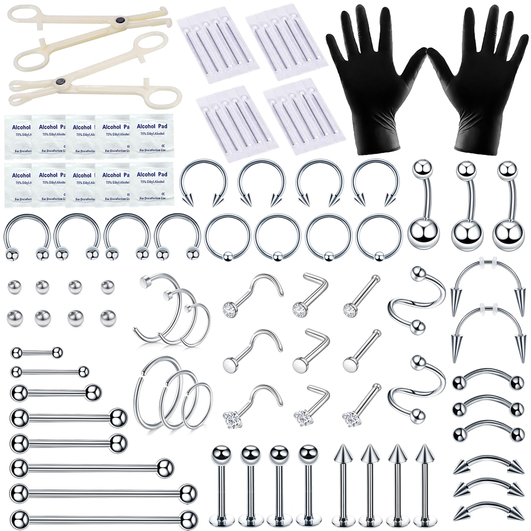 Tustrion 94PCS Mixed-pack Piercing Kits for All Body Piercings Stainless Steel 14G 16G 20G Jewelry and Needle with Tools Nose Septum Lip Ear Belly Button Cartilage Tragus