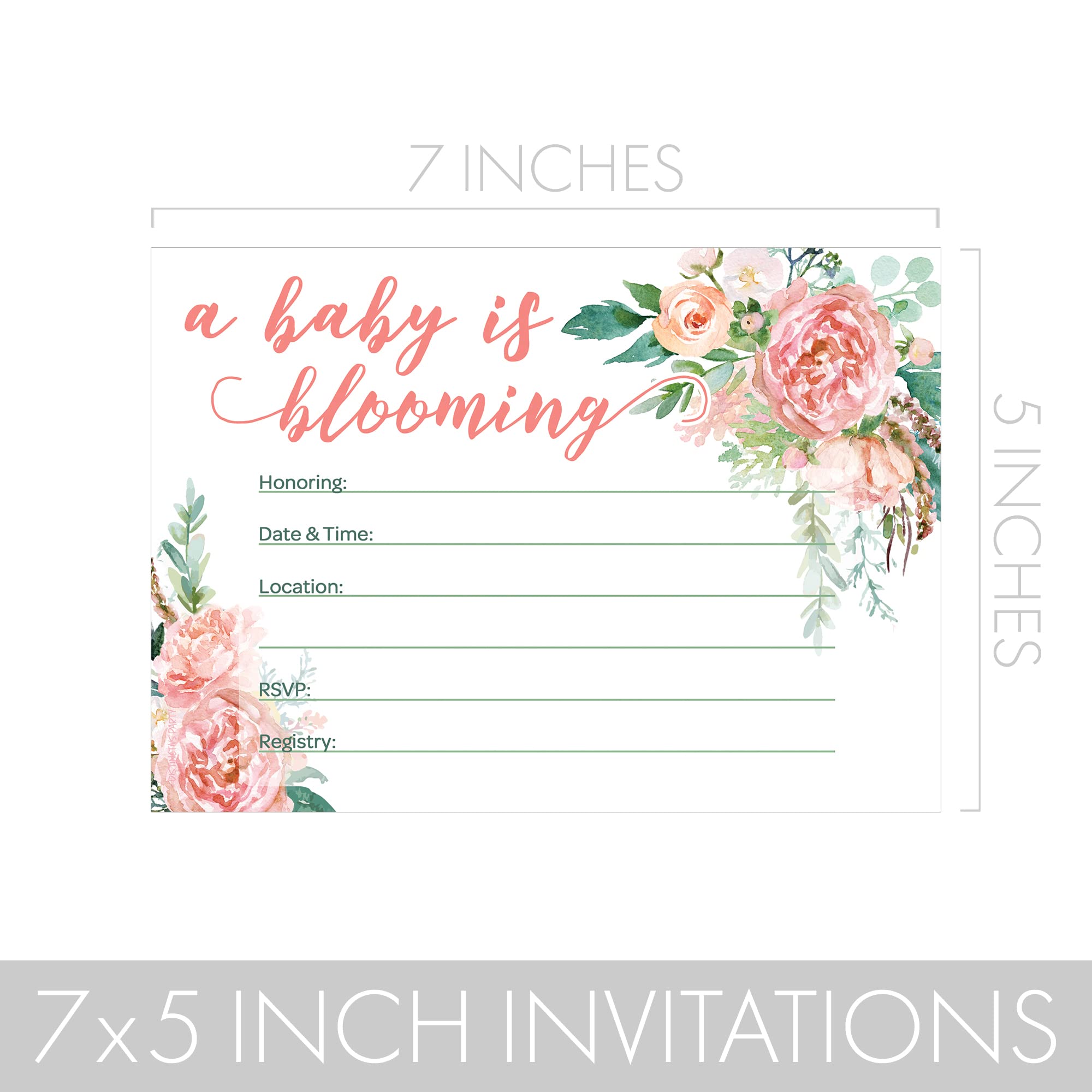 DISTINCTIVS Floral Baby Shower Party Invitations - 10 Fill In Cards with Envelopes - A Baby is Blooming - Pink Floral It's a Girl Themed Supplies