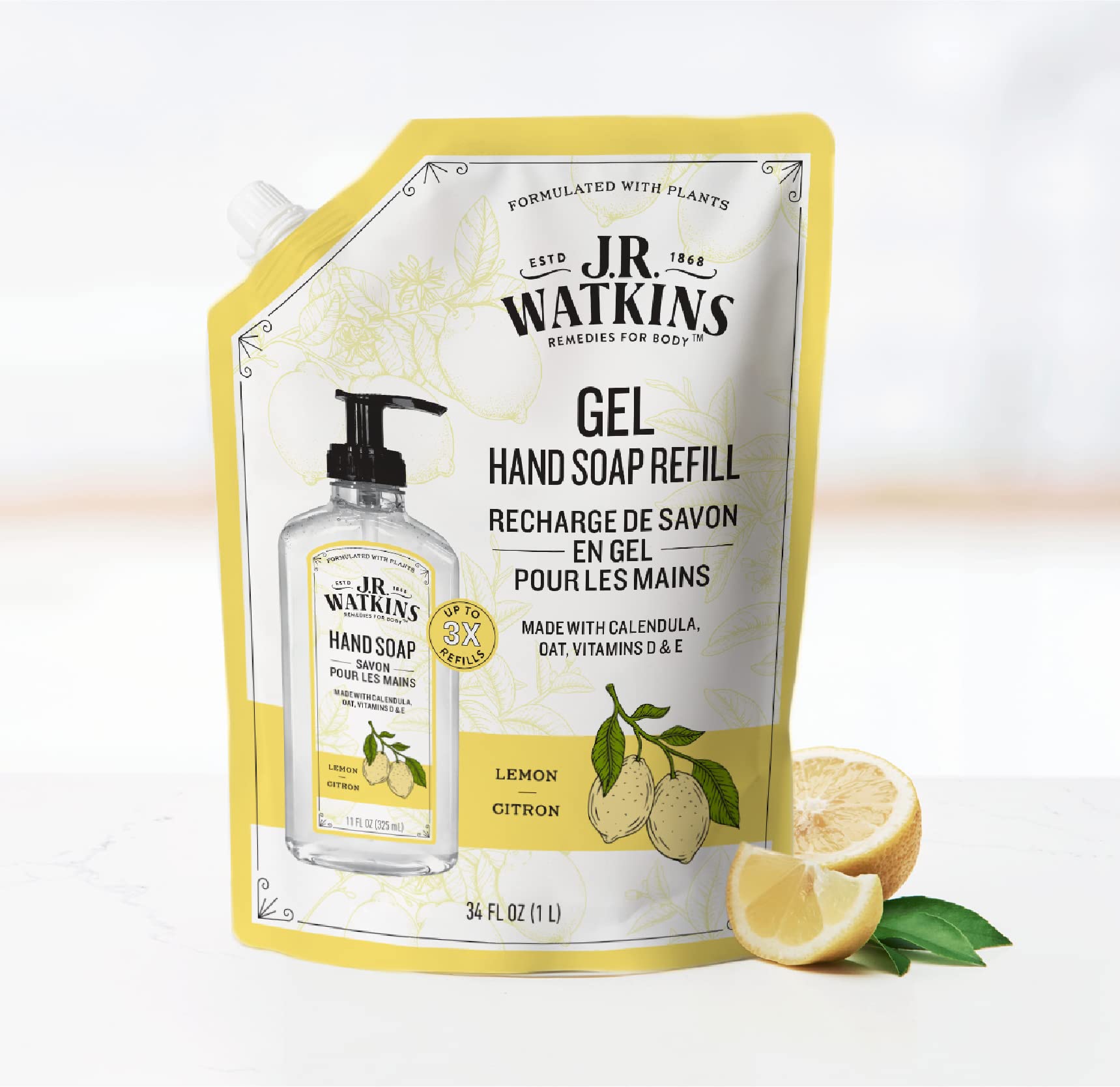 J.R. Watkins Gel Hand Soap Refill, Moisturizing Hand Wash, All Natural, Alcohol-Free, Cruelty-Free, USA Made, Lemon, 34 Fl Oz, 3 Pack