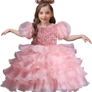 Myosotis510 Girls' Lace Princess Wedding Baptism Dress Long Sleeve Formal Party Wear for Toddler Baby Girl (Ruffle Pink, 6 Years)