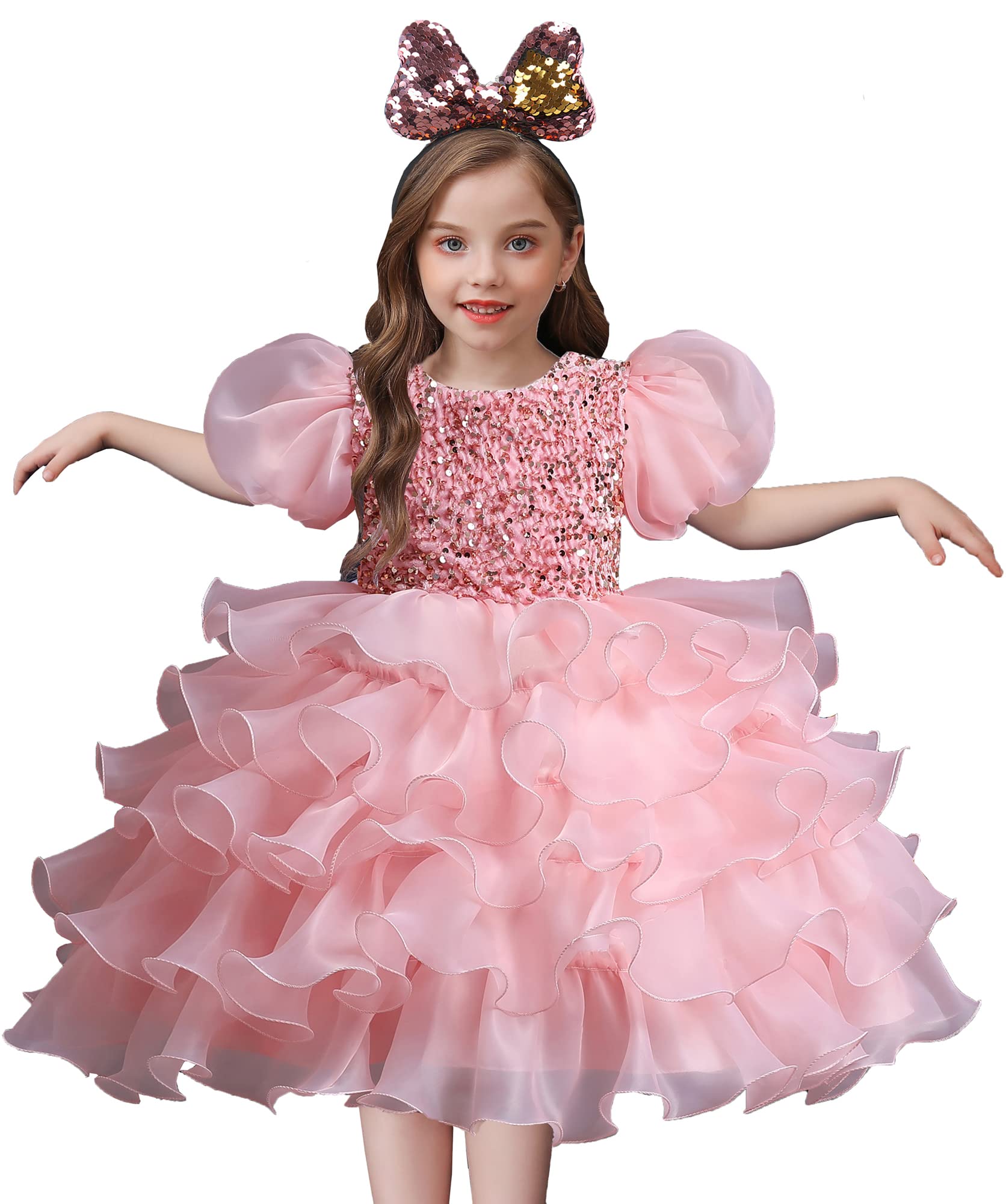 Myosotis510 Girls' Lace Princess Wedding Baptism Dress Long Sleeve Formal Party Wear for Toddler Baby Girl (Ruffle Pink, 6 Years)