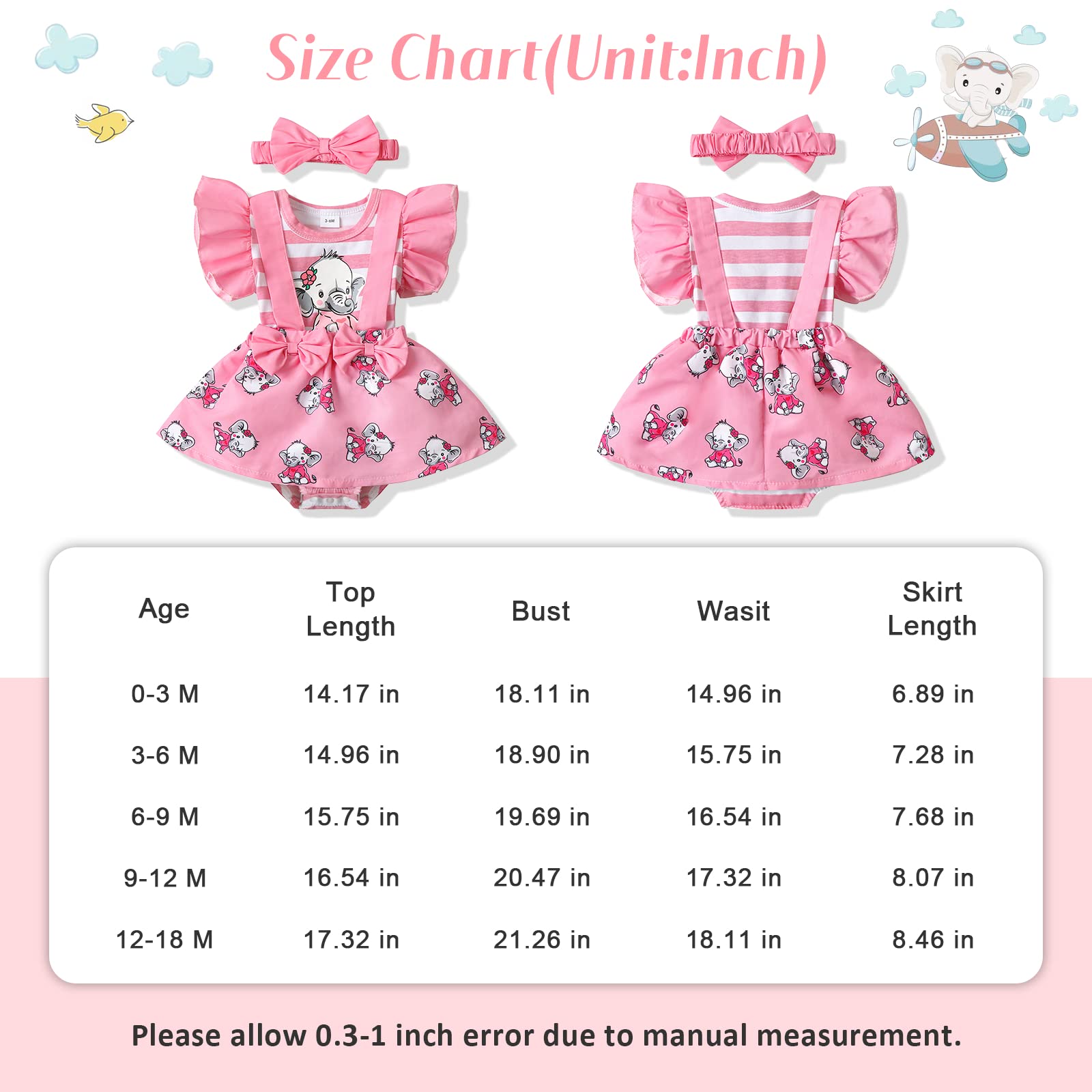 PAKGLEJG Newborn Baby Girl Romper Clothes Elephant Suspender Dress Ruffle Sleeve Onsesie Headband Cute Baby Clothes for Girl (Pink, 3-6 Months)