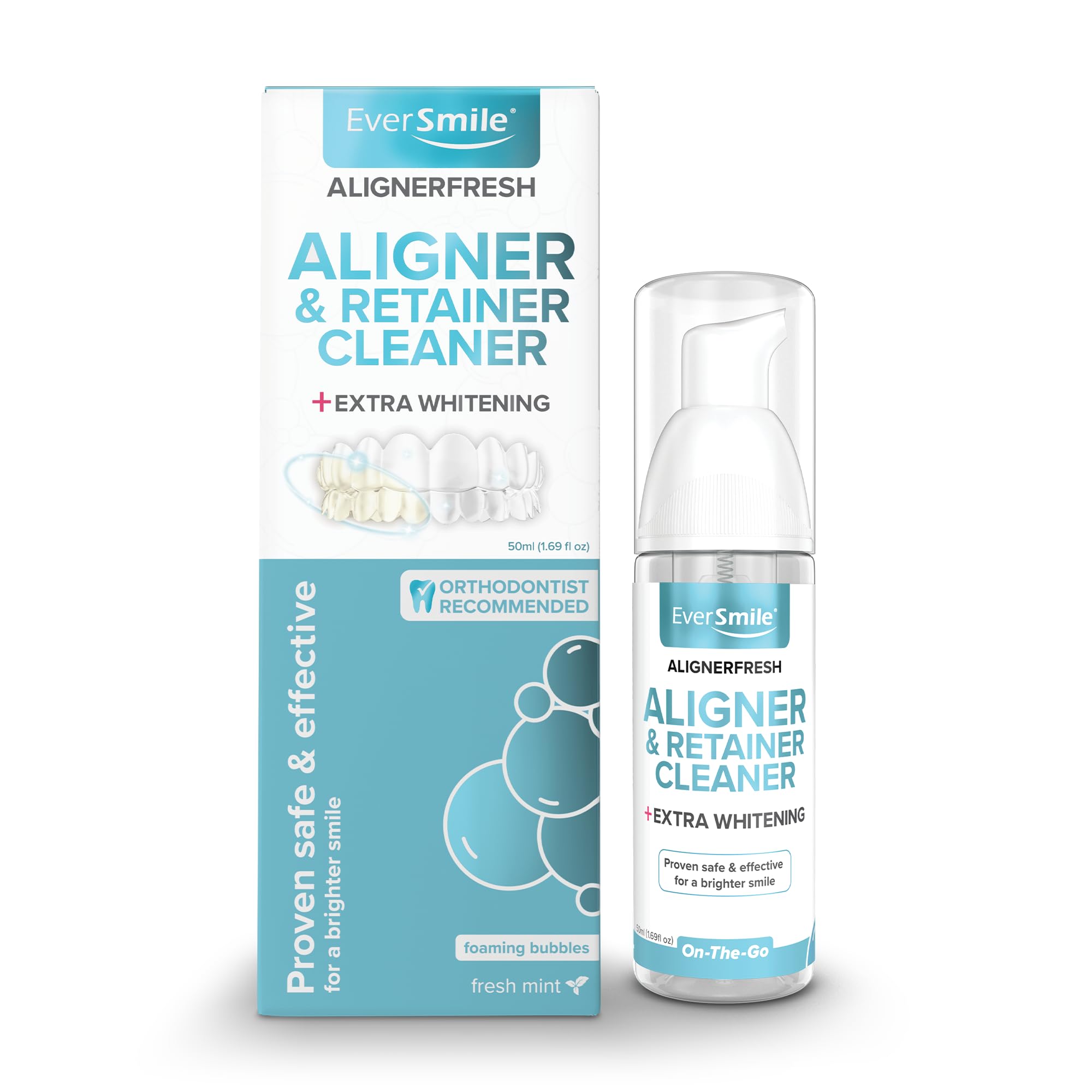 EverSmile AlignerFresh Extra Whitening Aligner & Retainer Cleaning Foam. AlignerFresh Cleaning Foam for Invisalign, ClearCorrect, Essix, Hawley Trays/Aligners. Cleans, Kills Bacteria & Whitens Teeth.