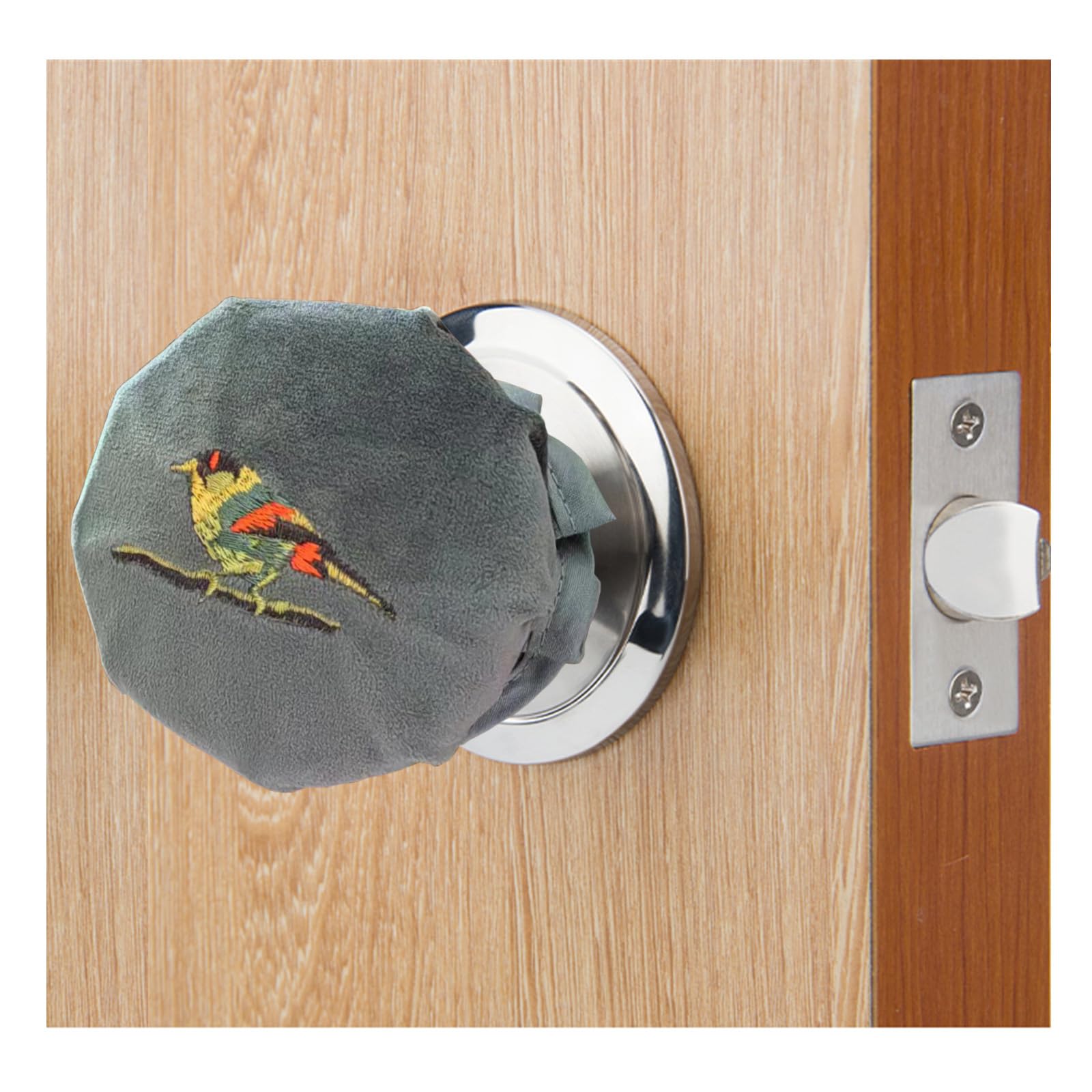 PANSHA Door Knob Cover Grey with Bird Embroidered 2 PCS, Soft Velvet Wall Protector, Decorative Door Knob Cushion Not to Dent Applicances