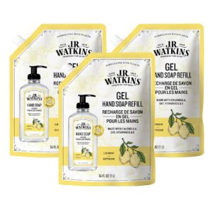 j.r. watkins gel hand soap refill, moisturizing hand wash, all natural, alcohol-free, cruelty-free, usa made, lemon, 34 fl oz, 3 pack