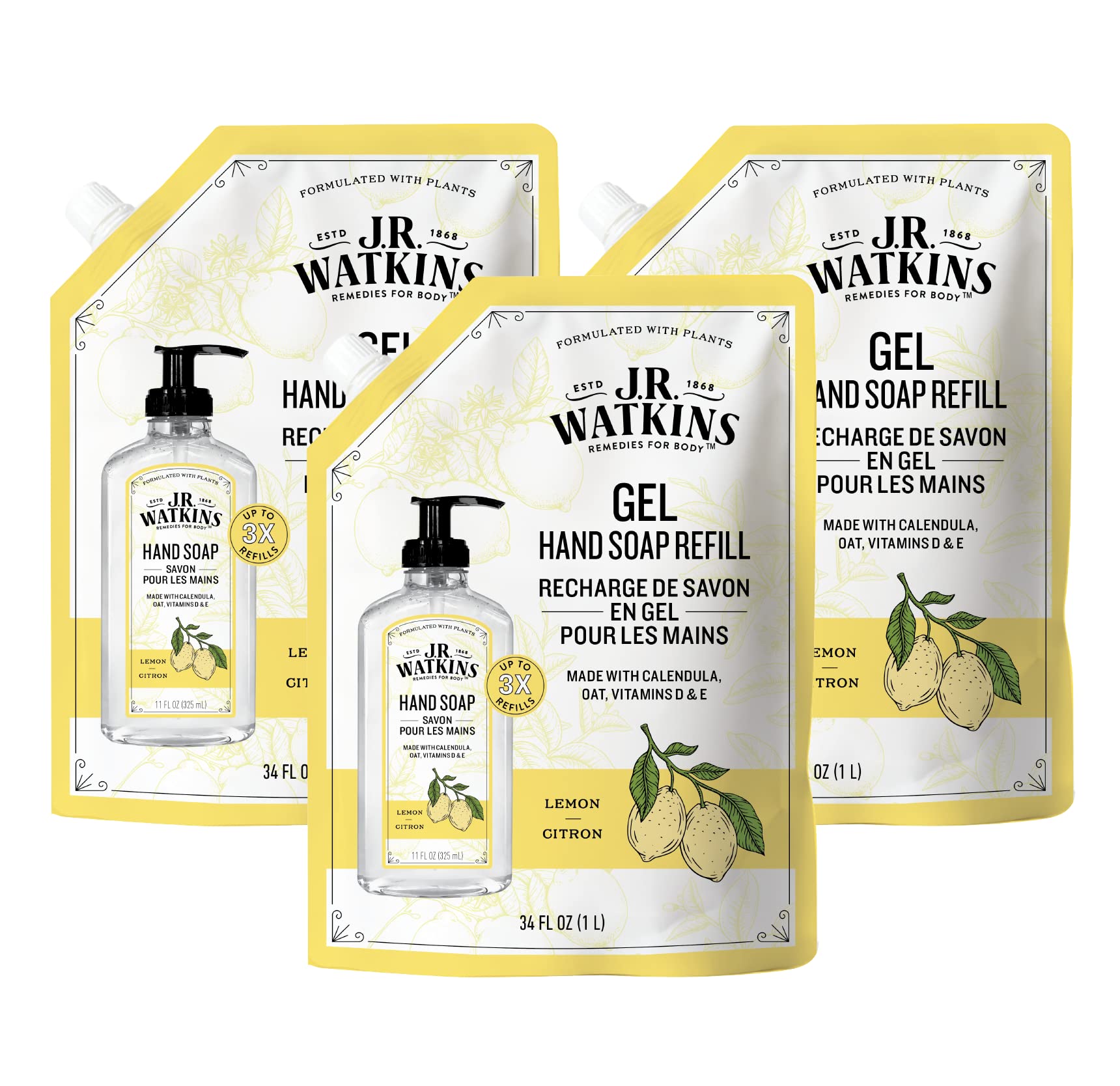 J.R. Watkins Gel Hand Soap Refill, Moisturizing Hand Wash, All Natural, Alcohol-Free, Cruelty-Free, USA Made, Lemon, 34 Fl Oz, 3 Pack