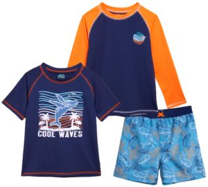 quad seven little boys' rash guard swim set - 3 piece bathing suit trunks and rash guard shirt (2t-7), size 2 toddler, greennavy palm trees