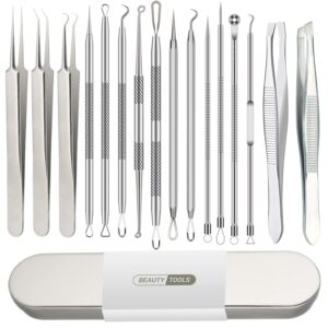 16 pcs pimple popper tool kit, blackhead remover tools, acne extractor tool, cyst removal tool, professional stainless steel tweezers for eyebrows pimple blemish hair removal, tools for beauty salons