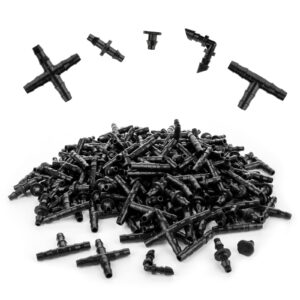 homakover 200pcs 1/4 drip irrigation fittings kit, 80 straight barbs, 60 tees, 20 elbows, 20 end plug, 20 4-way coupling for barbed connectors parts for sprinkler systems