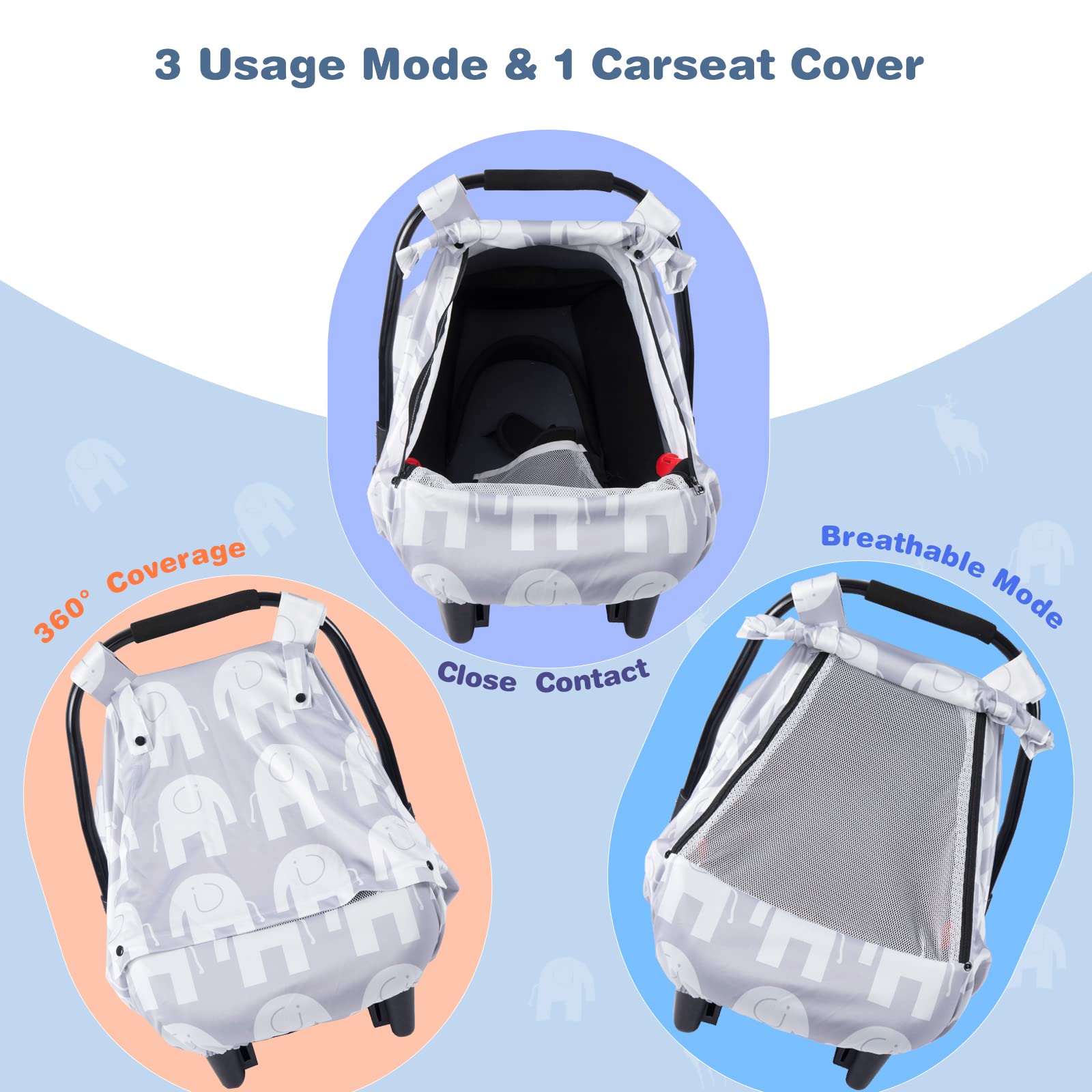 SMTTW Car Seat Cover for Babies, Stretchy Breathable Carseat Canopy with Peek Window, Multiuse Infant Stroller Cover for Baby Boys Girls, Privacy Sun Shade & Wind Protect for Summer (Elephant)