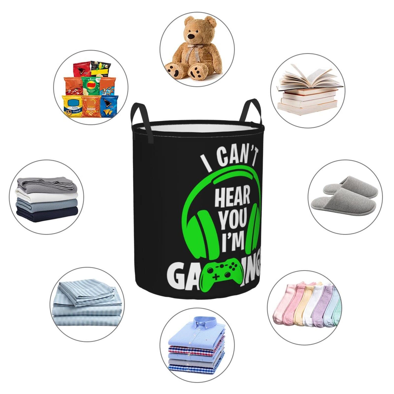 Headphones And Gamepad Round Laundry Hamper Storage Basket Toys Clothes Organizer Bin For Home Bathroom Bedroom Dorm Nursery, 62L