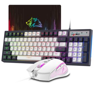 wired rgb gaming keyboard and mouse combo with multi rainbow led backlight ergonomic 96key layout 26key anti-ghosting mechanical feel adjustable 3600dpi mice mouse pad for pc mac gamer typists(white)