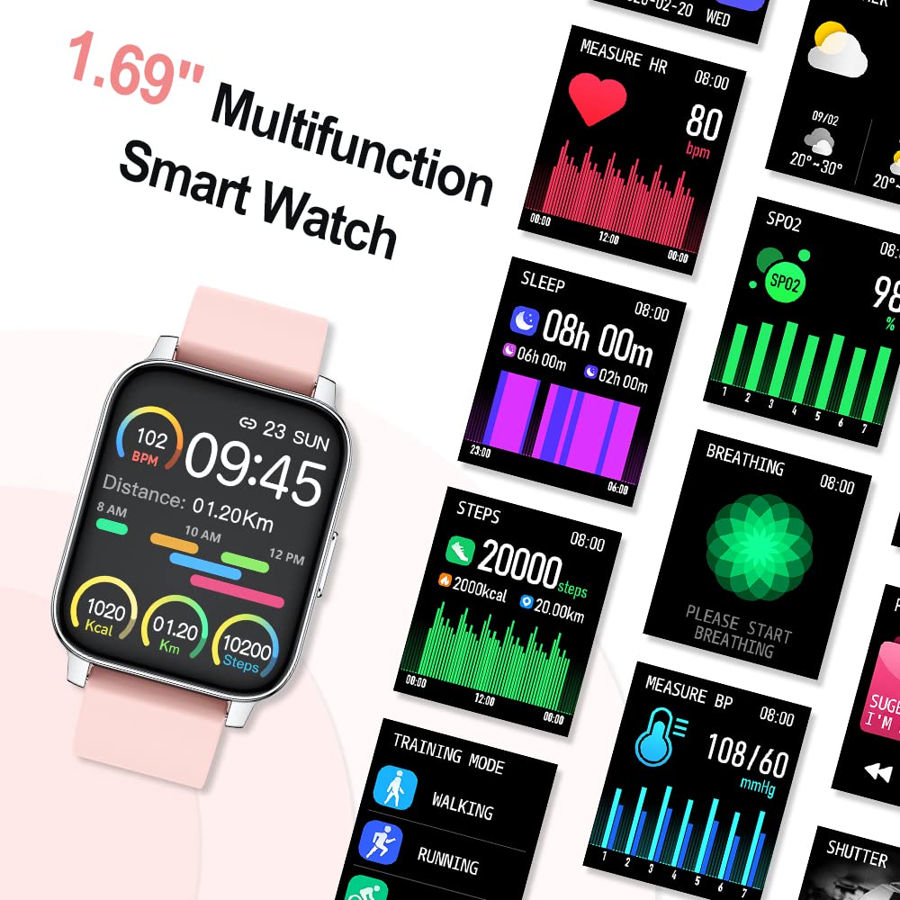 MuGo Smart Watch 1.69'' Fitness Tracker, Smartwatch with Heart Rate/Sleep Monitor, Calorie/Step Counter Activity Tracker, Stopwatch, Blood Oxygen Monitor, Full Touch Fitness Watch for Men Women