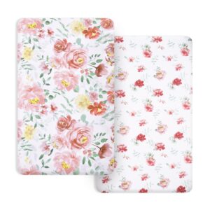 phf soft mini crib sheet set, 2 pack silky comfy pack n play sheets for girls, universal fit for pack n play, playard and mini crib mattresses, watercolor floral