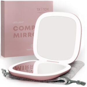 Mavoro LED Lighted Travel Makeup Mirror, Rechargeable, 1x/10x Magnification - Daylight LED, Pocket or Purse Mirror, Small Travel Mirror. Folding Portable Mirror, Touch Sensor, USB (Heavenly Pink)