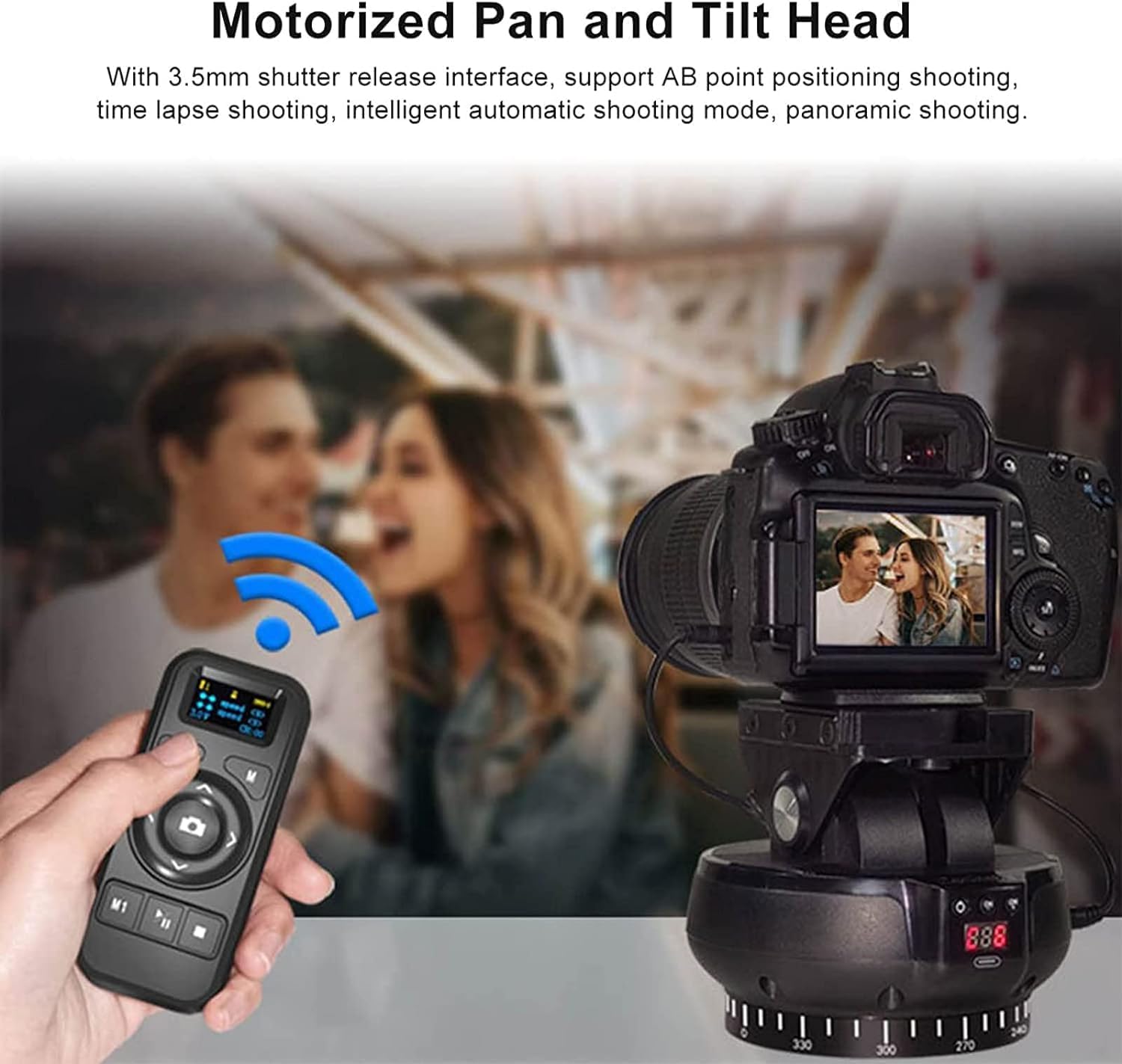 Motorized Pan Tilt Head, 100m Control, 360 Degree Rotation, Tilt ±35 Degree, 9 Gears Adjustable Speed, Panoramic Tripod Head for Smartphones, Camera