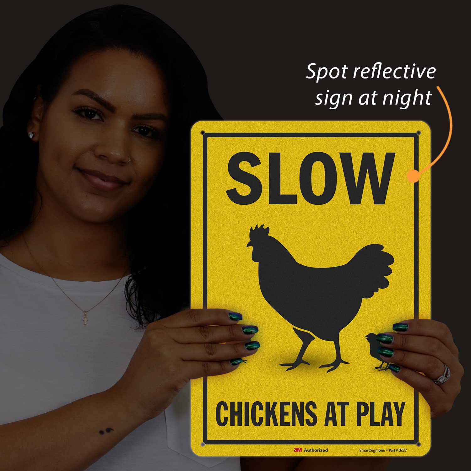 SmartSign 14 x 10 inch “Slow - Chickens At Play” Metal Sign, 40 mil Aluminum, 3M Laminated Engineer Grade Reflective Material, Black and Yellow