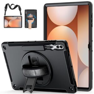 case for samsung galaxy tab s10 ultra 2024: 3-layer rugged military grade shockproof case for tab s9 ultra/s8 ultra 14.6 '' w/360° swivel stand - handle - shoulder strap - s pen holder（black+black）