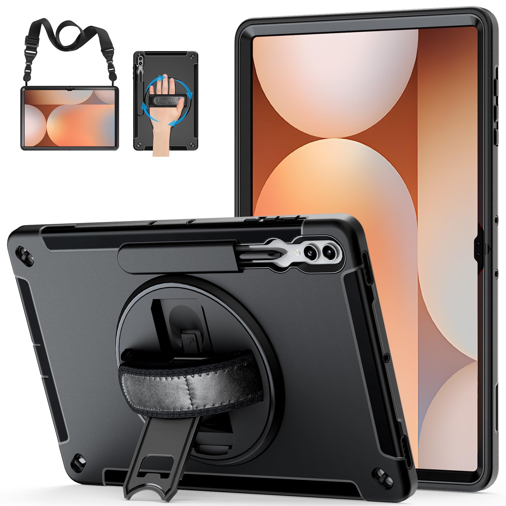 Case for Samsung Galaxy Tab S10 Ultra 2024: 3-Layer Rugged Military Grade Shockproof Case for Tab S9 Ultra/S8 Ultra 14.6 '' W/360° Swivel Stand - Handle - Shoulder Strap - S Pen Holder（Black+Black）