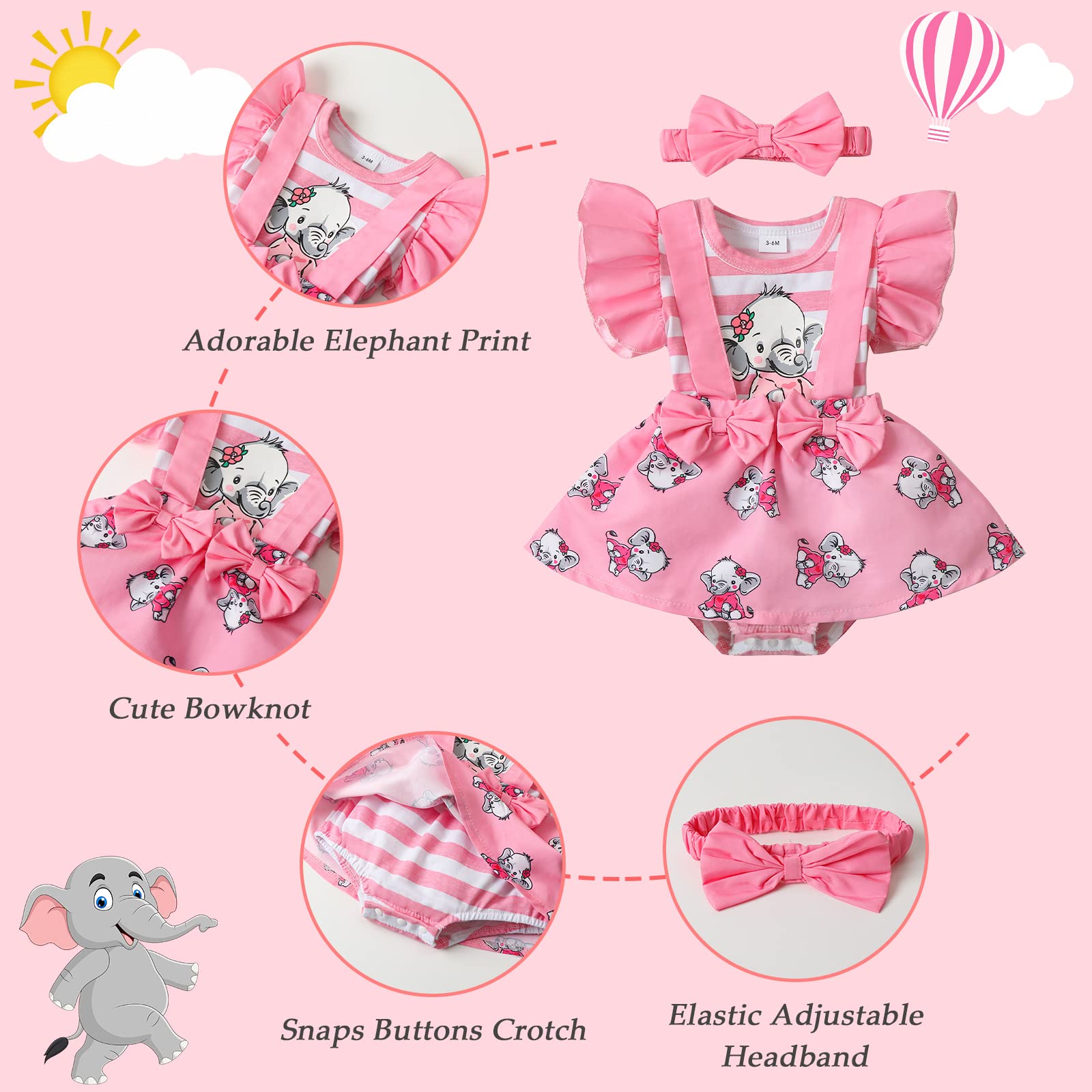 PAKGLEJG Newborn Baby Girl Romper Clothes Elephant Suspender Dress Ruffle Sleeve Onsesie Headband Cute Baby Clothes for Girl (Pink, 3-6 Months)