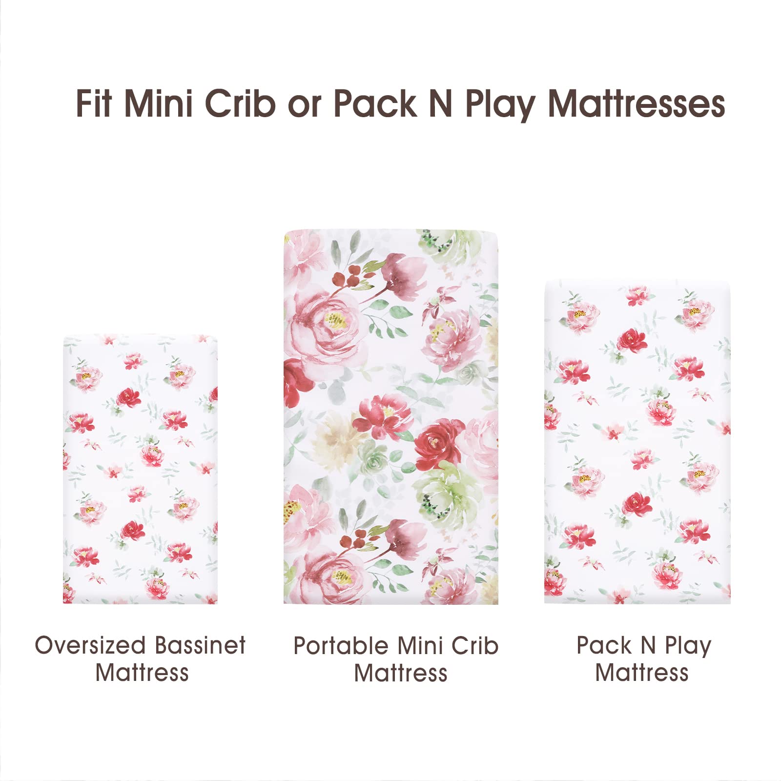 PHF Soft Mini Crib Sheet Set, 2 Pack Silky Comfy Pack N Play Sheets for Girls, Universal Fit for Pack N Play, Playard and Mini Crib Mattresses, Watercolor Floral