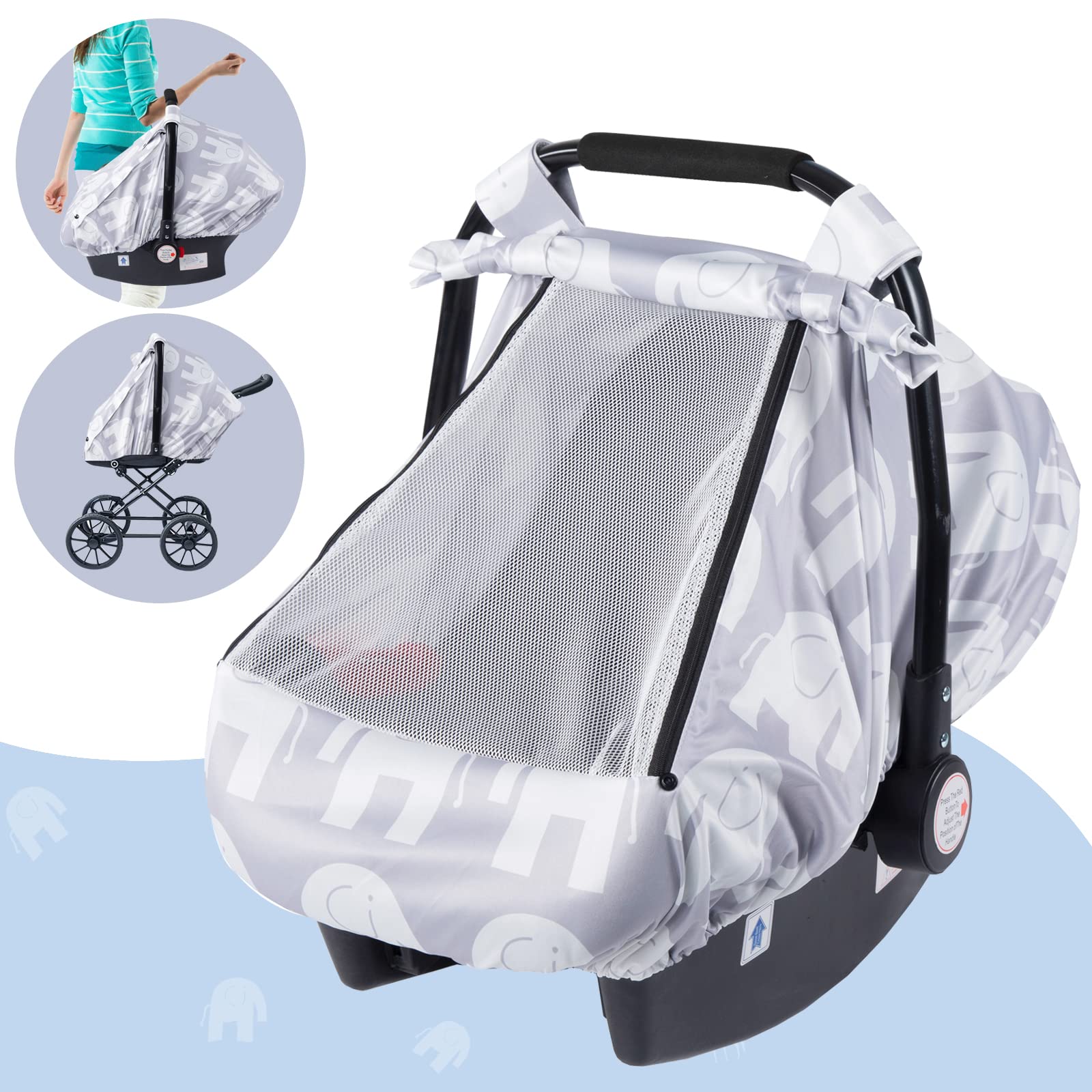 SMTTW Car Seat Cover for Babies, Stretchy Breathable Carseat Canopy with Peek Window, Multiuse Infant Stroller Cover for Baby Boys Girls, Privacy Sun Shade & Wind Protect for Summer (Elephant)