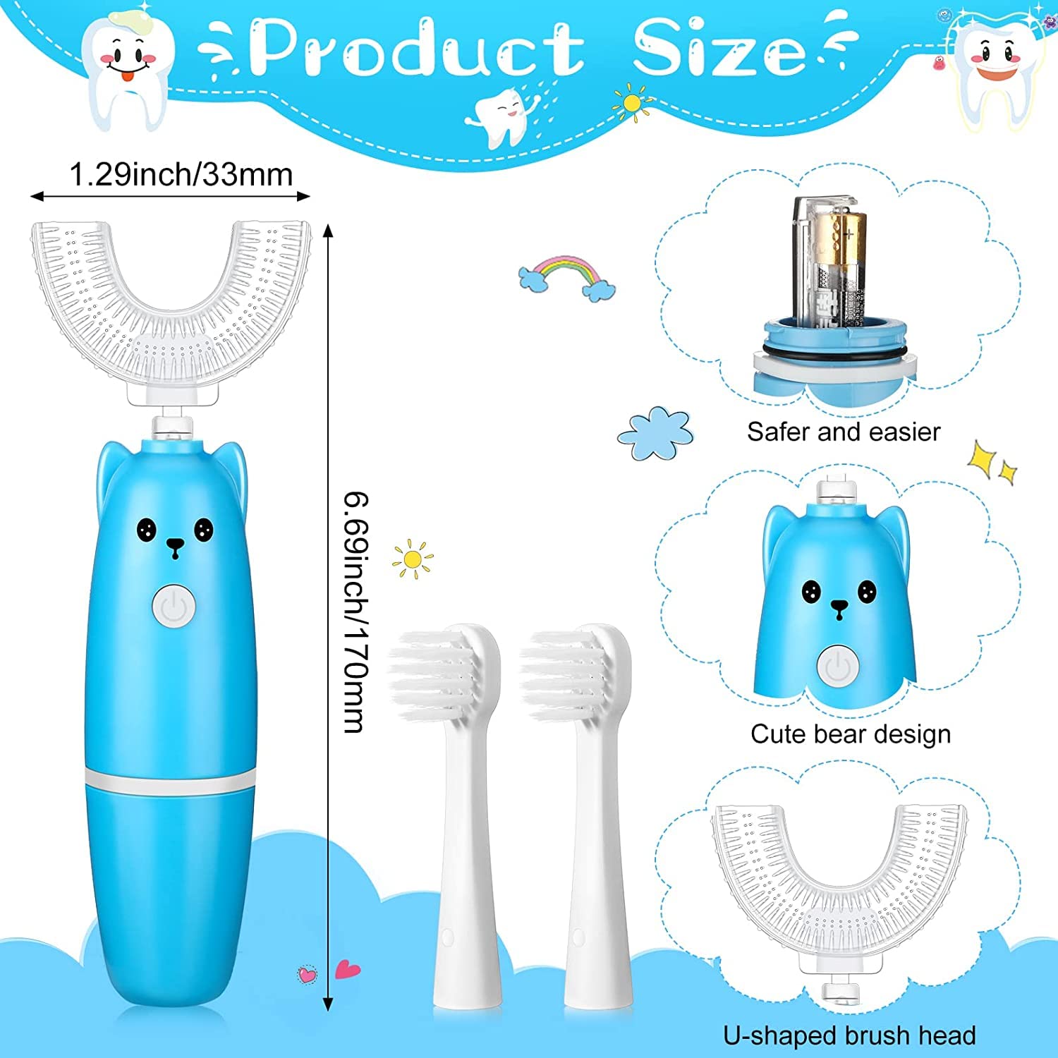 3 Pcs Kids Electric U Shaped Toothbrush Toddler Electric Toothbrush 360 Whole Mouth Toothbrush Ultrasonic Children Toothbrushes Automatic Cartoon Tooth Brush with 3 Types Brush Head for Oral Cleaning