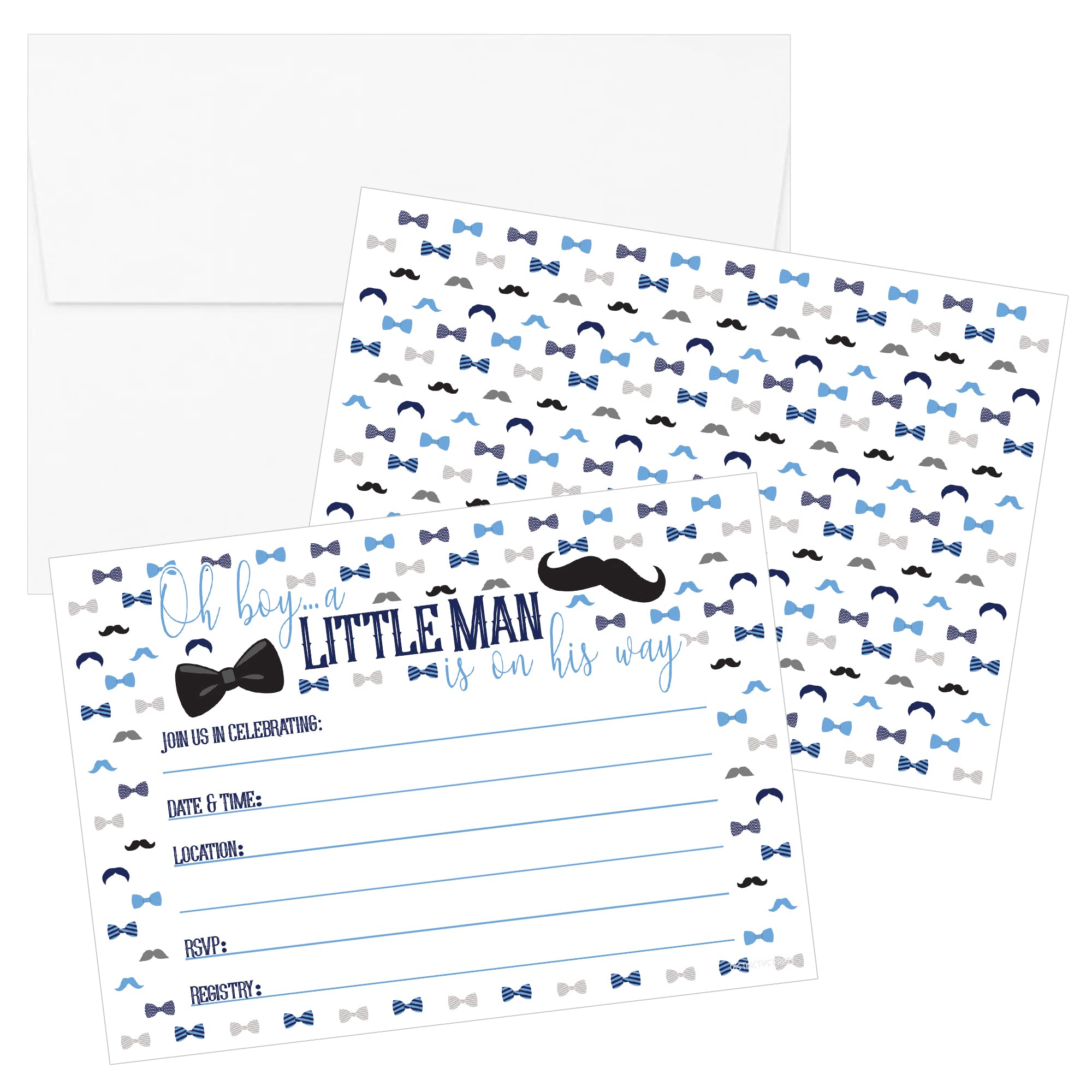 DISTINCTIVS It's a Boy Little Man Themed Baby Shower Invitations - 10 Fill In Invite Cards with White Envelopes - Bowties and Mustaches