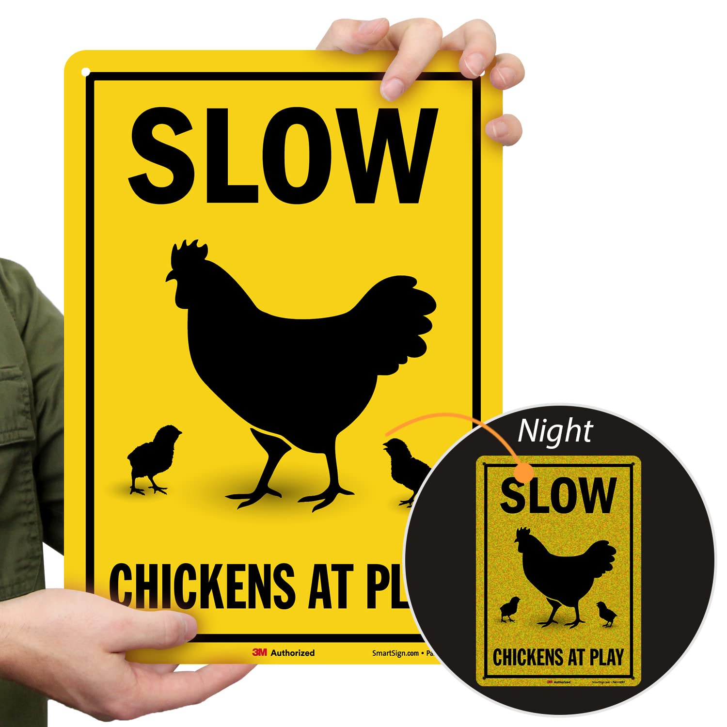 SmartSign 14 x 10 inch “Slow - Chickens At Play” Metal Sign, 40 mil Aluminum, 3M Laminated Engineer Grade Reflective Material, Black and Yellow