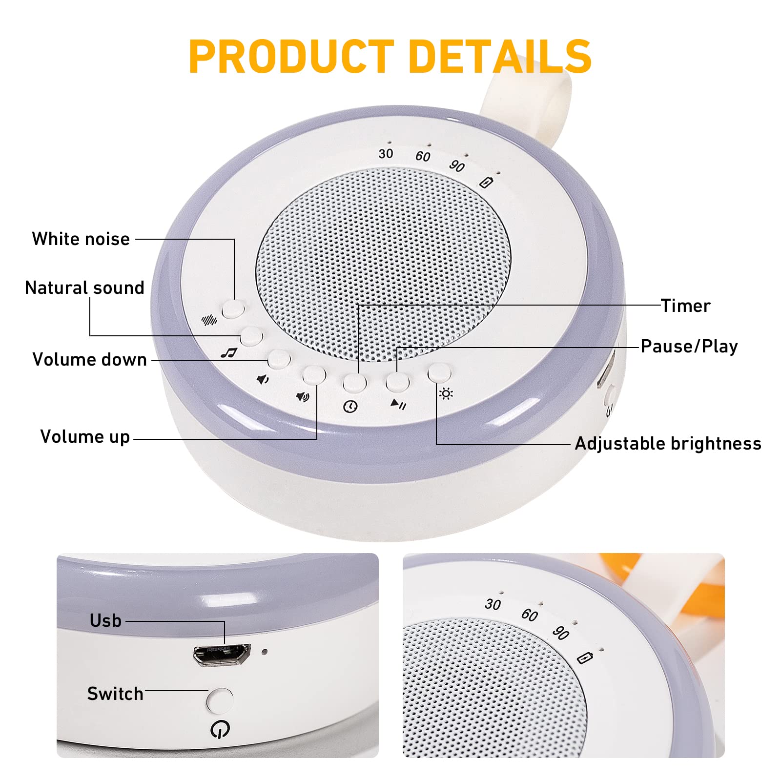 Portable Sound Machine, Baby White Noise Machine for Sleeping with Night Light, 16 Soothing Sounds & 3 Timer Settings, Memory Function, USB Rechargeable for Travelling Relaxing