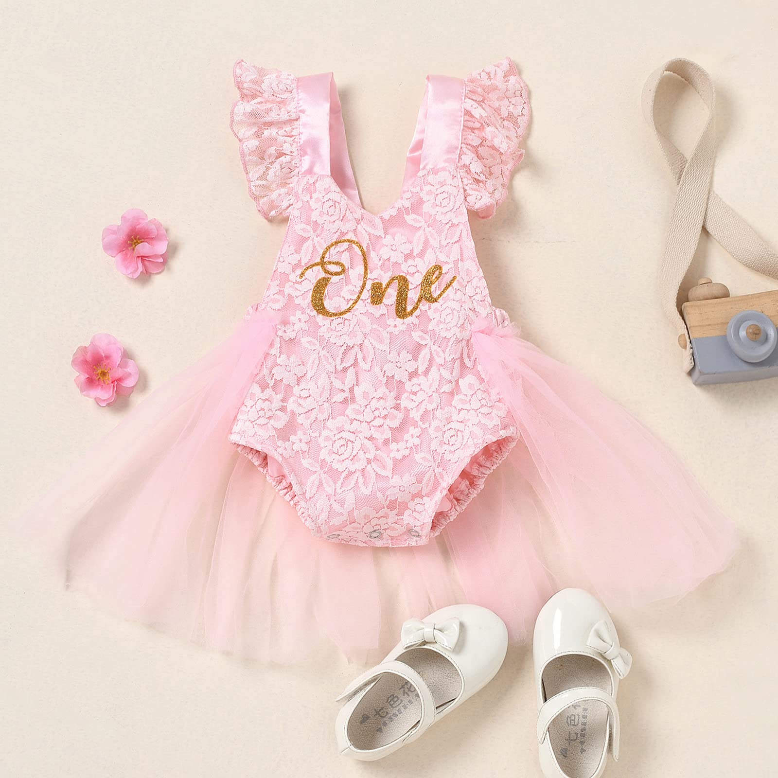 Baby Girl First Birthday Outfit Lace Tulle Romper Princess Tutu Dress One Year Old Birthday Cake Smash Photography Clothes Pink +Crown 12-18 Months