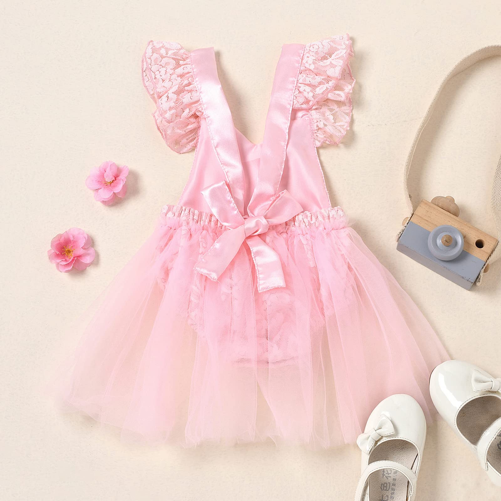 Baby Girl First Birthday Outfit Lace Tulle Romper Princess Tutu Dress One Year Old Birthday Cake Smash Photography Clothes Pink +Crown 12-18 Months