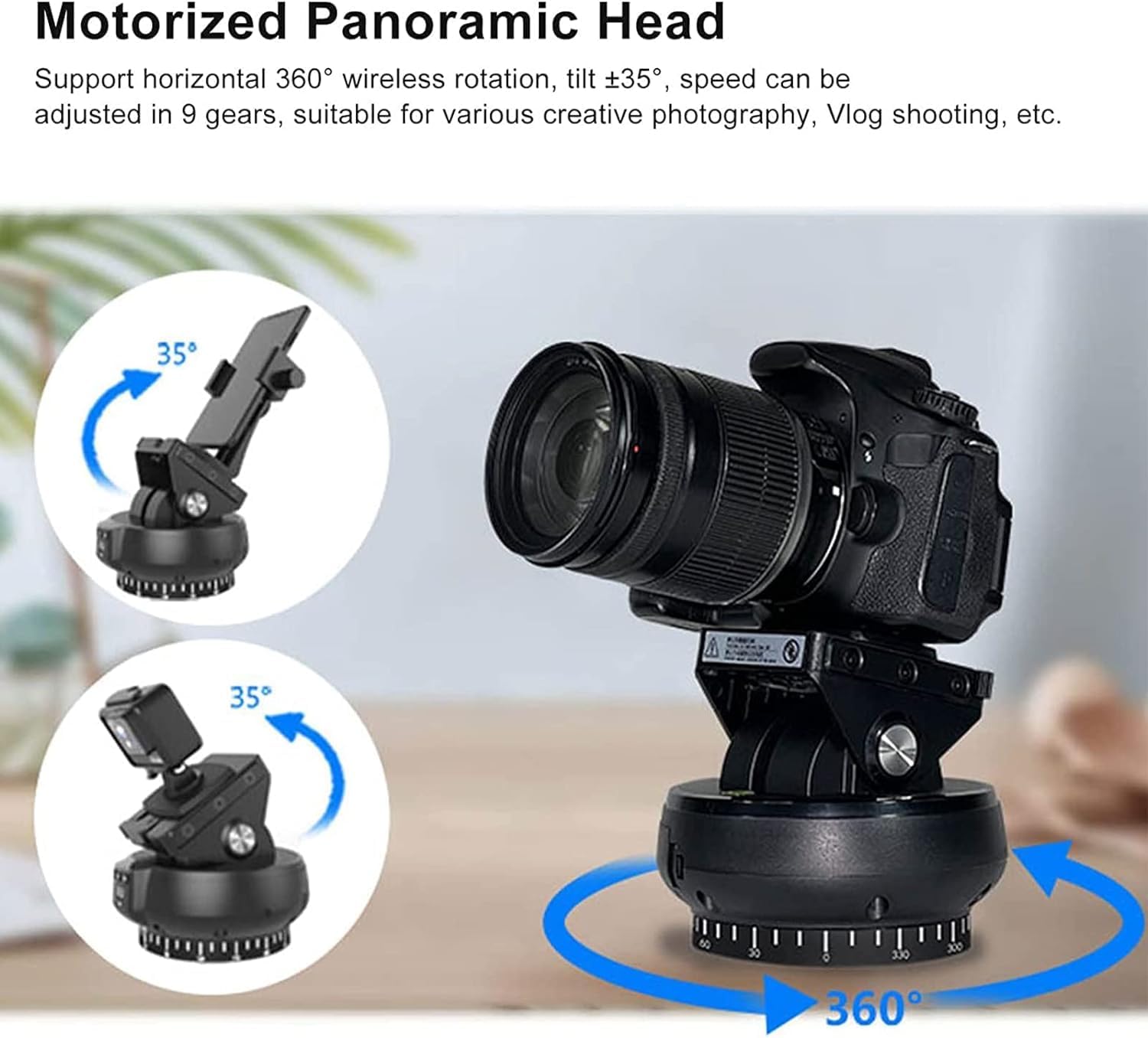 Motorized Pan Tilt Head, 100m Control, 360 Degree Rotation, Tilt ±35 Degree, 9 Gears Adjustable Speed, Panoramic Tripod Head for Smartphones, Camera