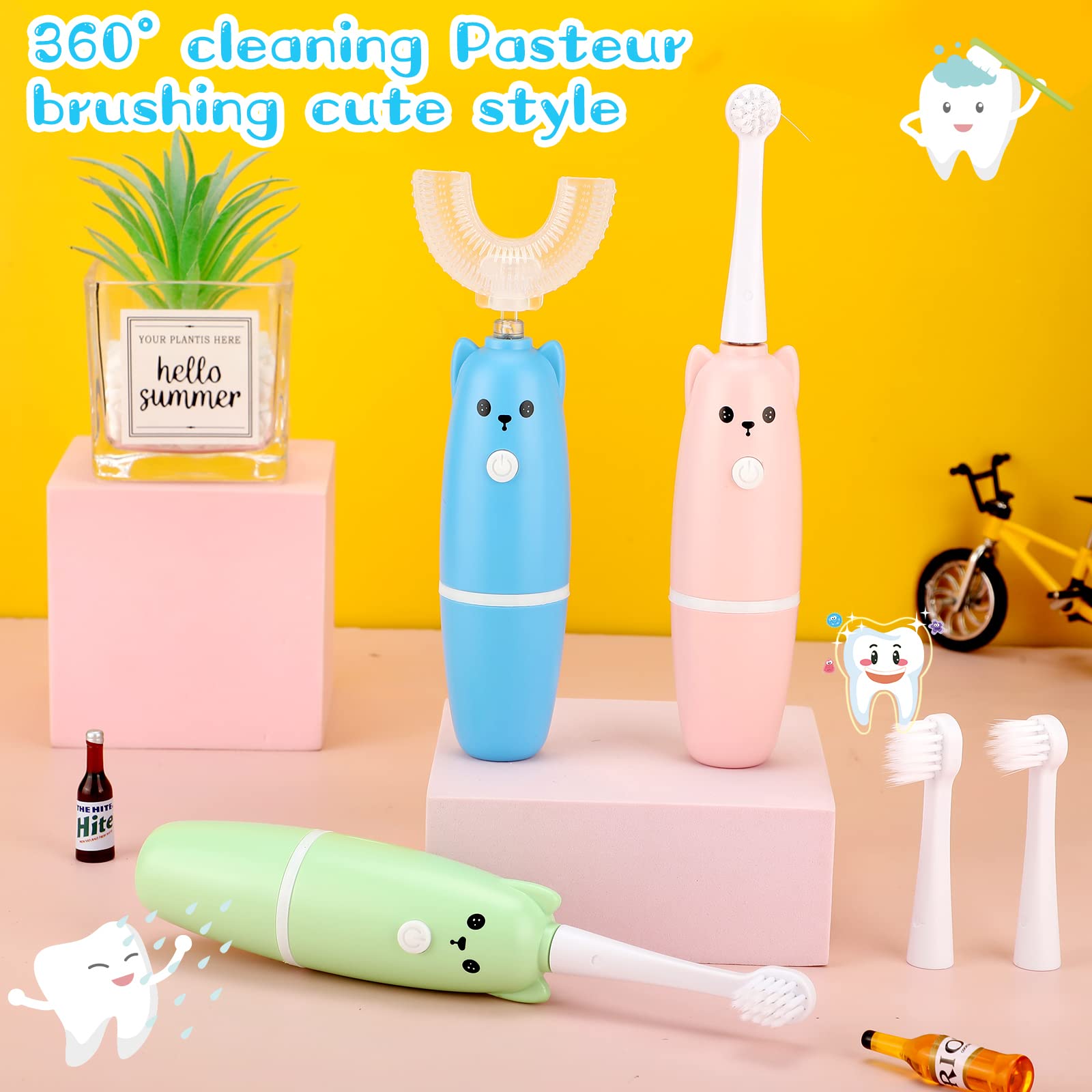 3 Pcs Kids Electric U Shaped Toothbrush Toddler Electric Toothbrush 360 Whole Mouth Toothbrush Ultrasonic Children Toothbrushes Automatic Cartoon Tooth Brush with 3 Types Brush Head for Oral Cleaning