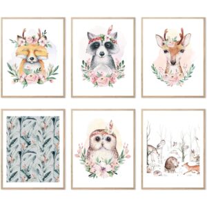 jituihom woodland nursery decor set of 6 safari wall art decor for baby boys girls, watercolor animals flower jungle neutral prints posters for kids room decor (8x10 inch, unframed)