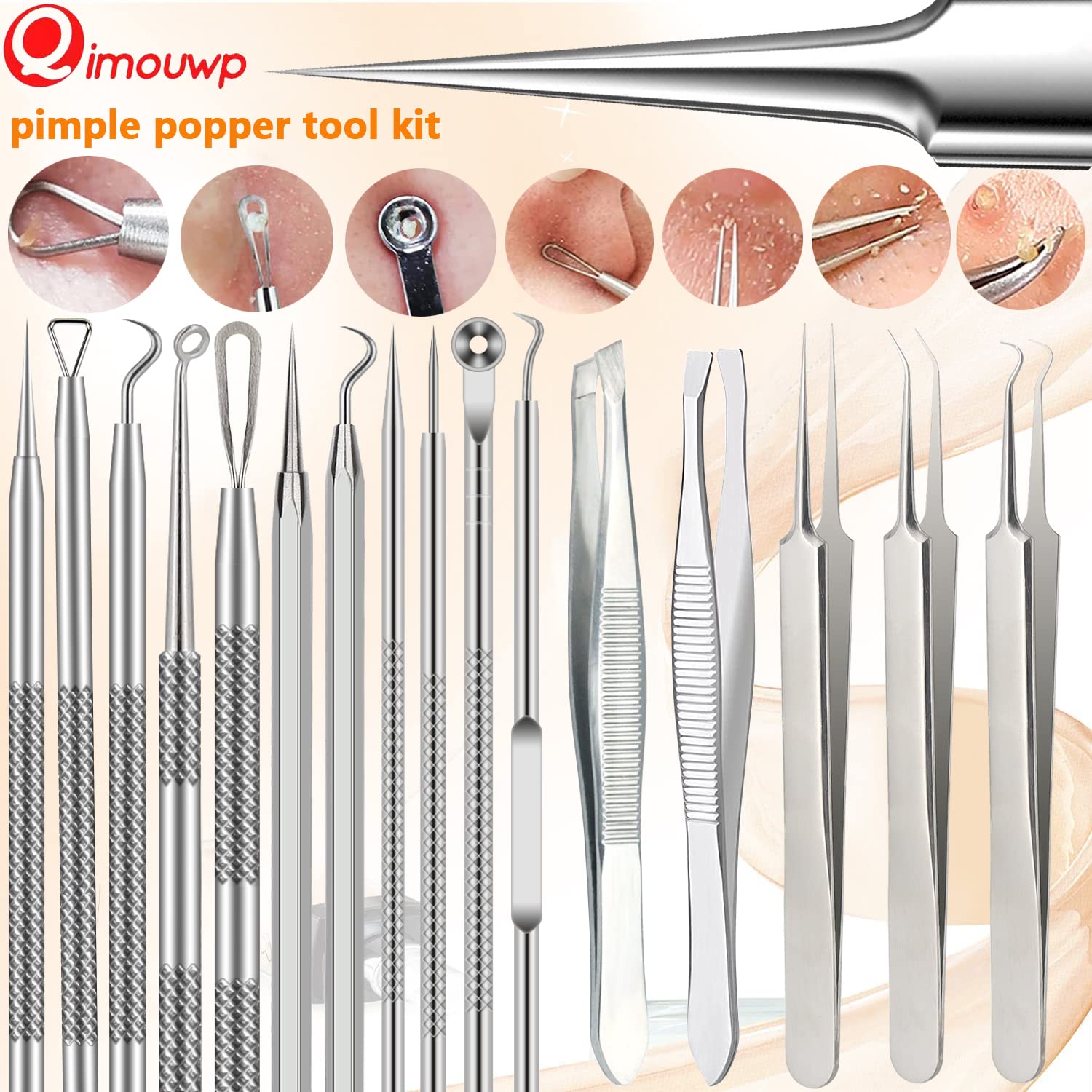 16 PCS Pimple Popper Tool Kit, Blackhead Remover Tools, Acne Extractor Tool, Cyst Removal Tool, Professional Stainless Steel Tweezers for Eyebrows Pimple Blemish Hair Removal, Tools for Beauty Salons