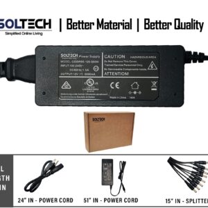 [UL Listed] SOLTECH 12V 5A 60W CCTV Security Camera Power Supply AC DC Adapter with 8-Way Power Splitter Compatible with Samsung Wisenet Lorex, Night Owl, Defender Q-See Swann