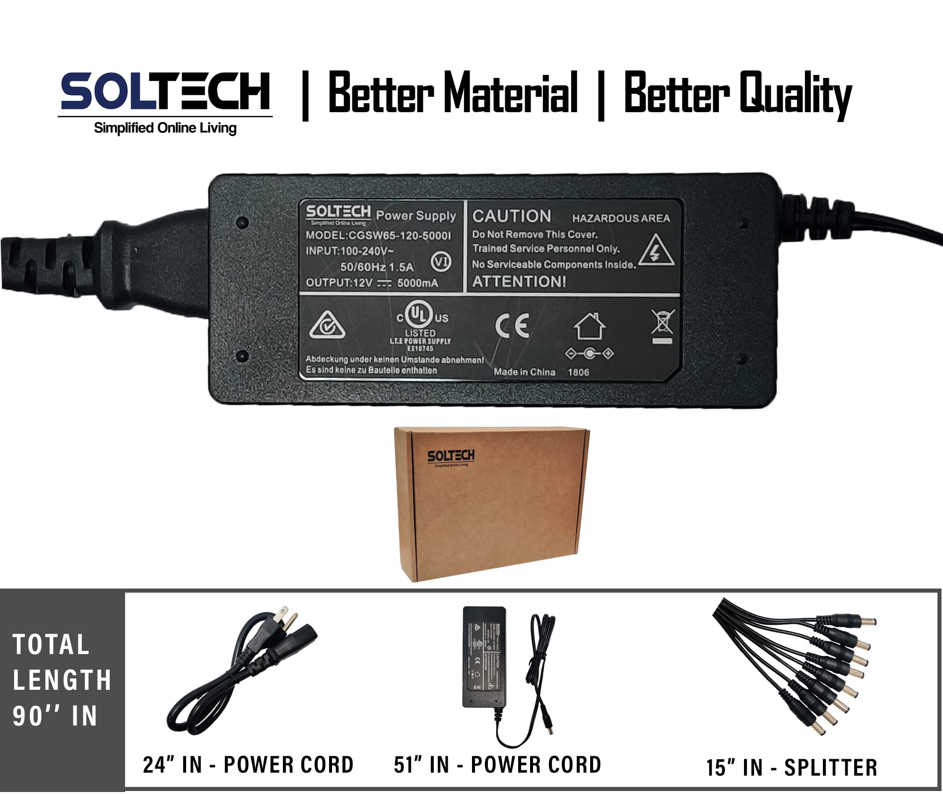 [UL Listed] SOLTECH 12V 5A 60W CCTV Security Camera Power Supply AC DC Adapter with 8-Way Power Splitter Compatible with Samsung Wisenet Lorex, Night Owl, Defender Q-See Swann