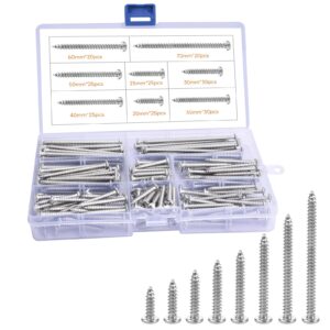 self tapping screws, preciva 304 stainless steel 200 pcs, 8 sizes round head phillips drive self drilling screw assortment kit for metal wood furniture electronic products