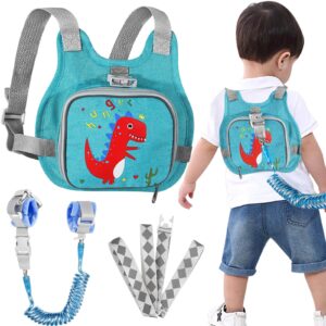 toddler harness leash + anti lost wrist link, accmor dinosaur baby harnesses with kids leashes for boys, cute child walking anti-lost holder bracelet strap tether for outdoor keep kid close (blue)